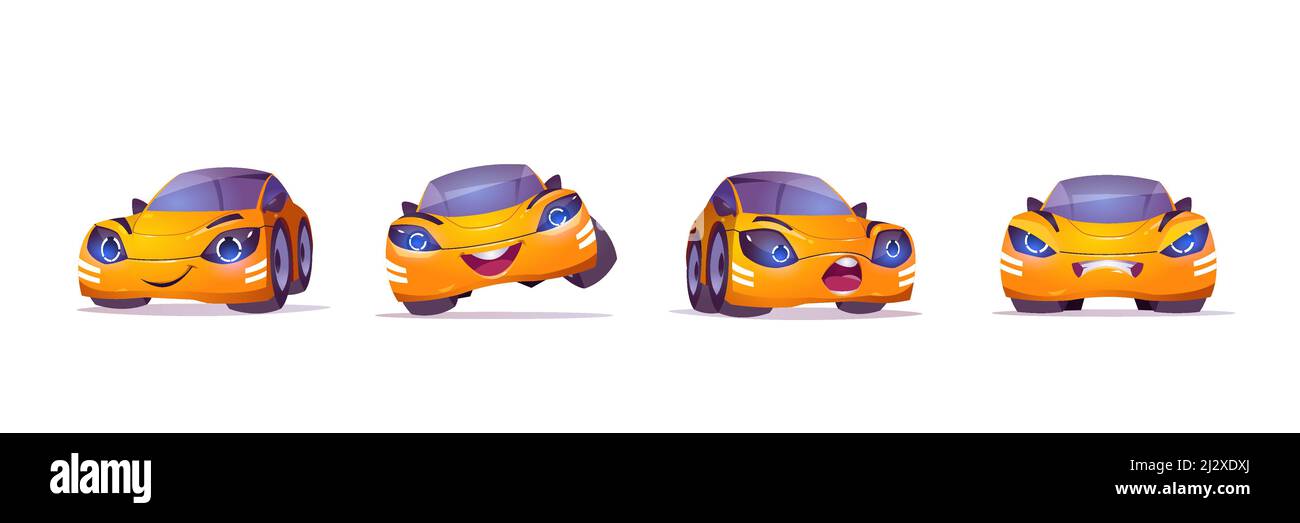 Cute yellow car character in different poses. Vector set of cartoon ...