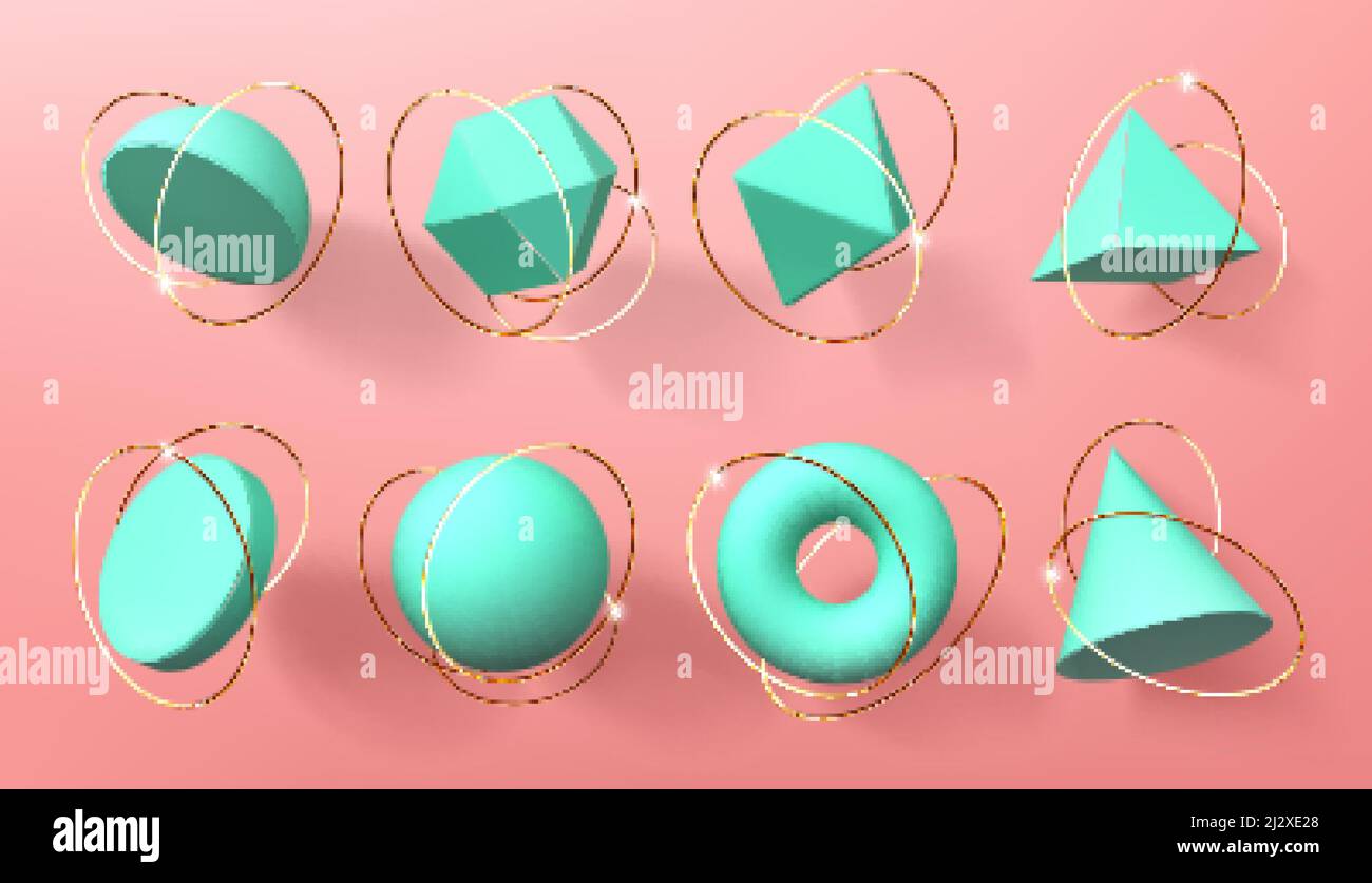 Turquoise 3d geometric shapes with golden rings. Vector realistic set ...