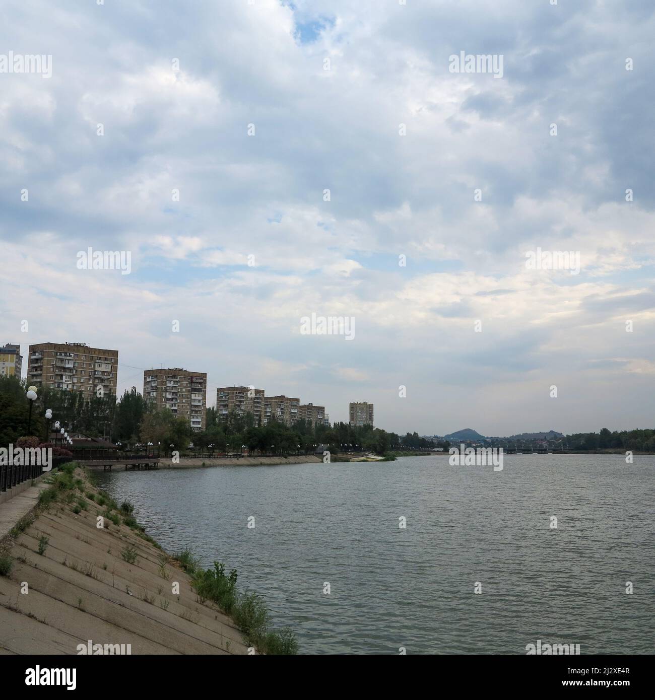 Peaceful day on Kalmius promenade in Donestk city, Ukraine. Terrikon at ...