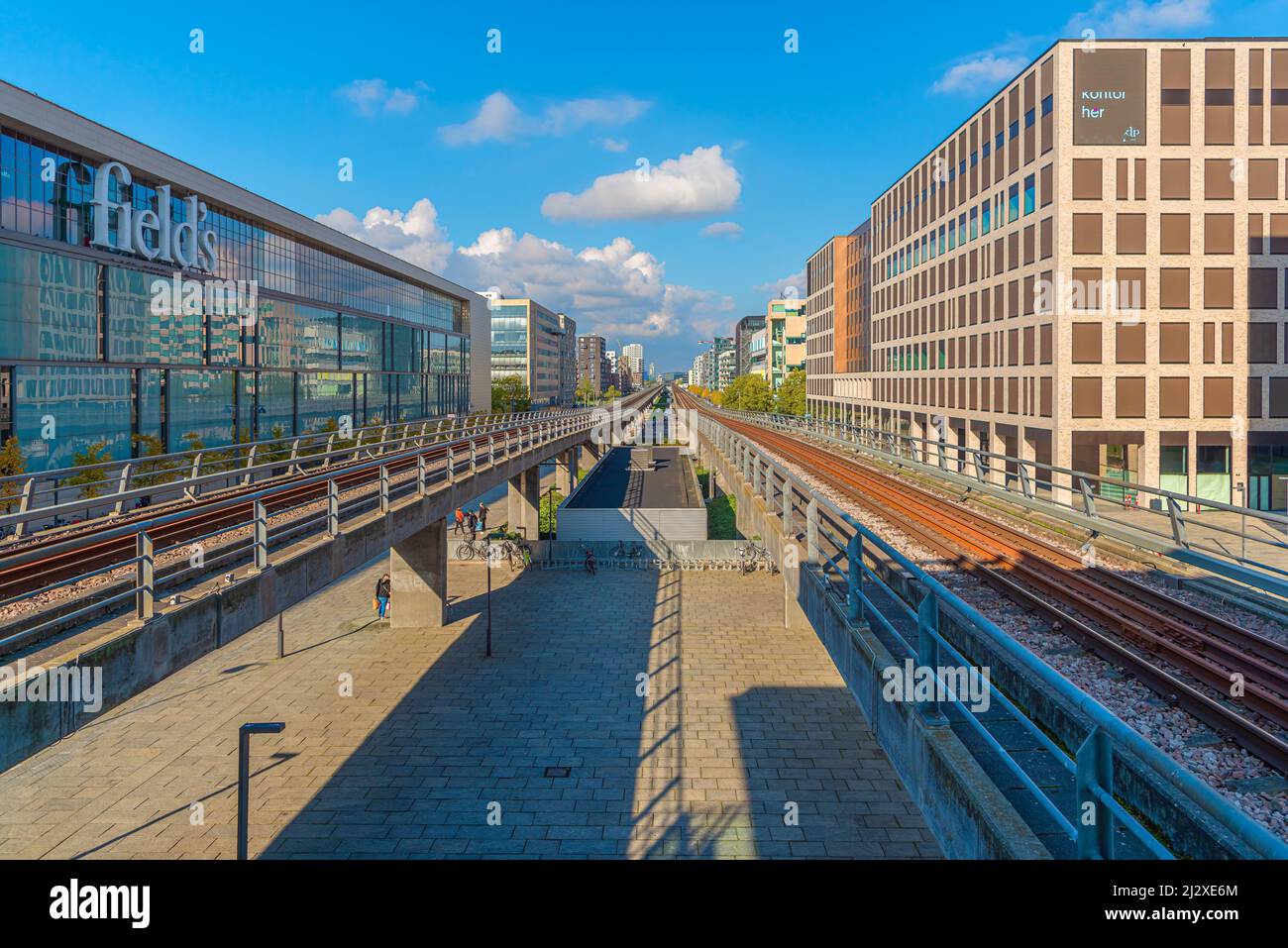 Metro subway line M1 located above Ørestads Boulevard, shopping center ...