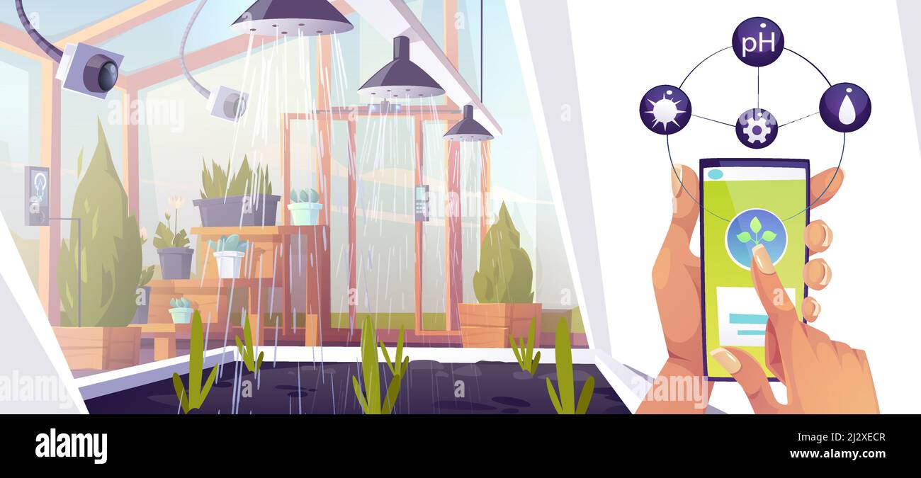 Smart farm, futuristic technology in farming industry. Female hand with ...