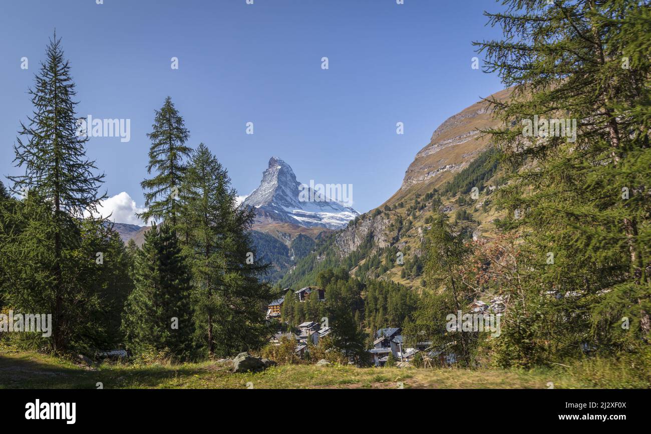 View up the valley from Zermatt up to Mount Matterhorn in Wallis ...