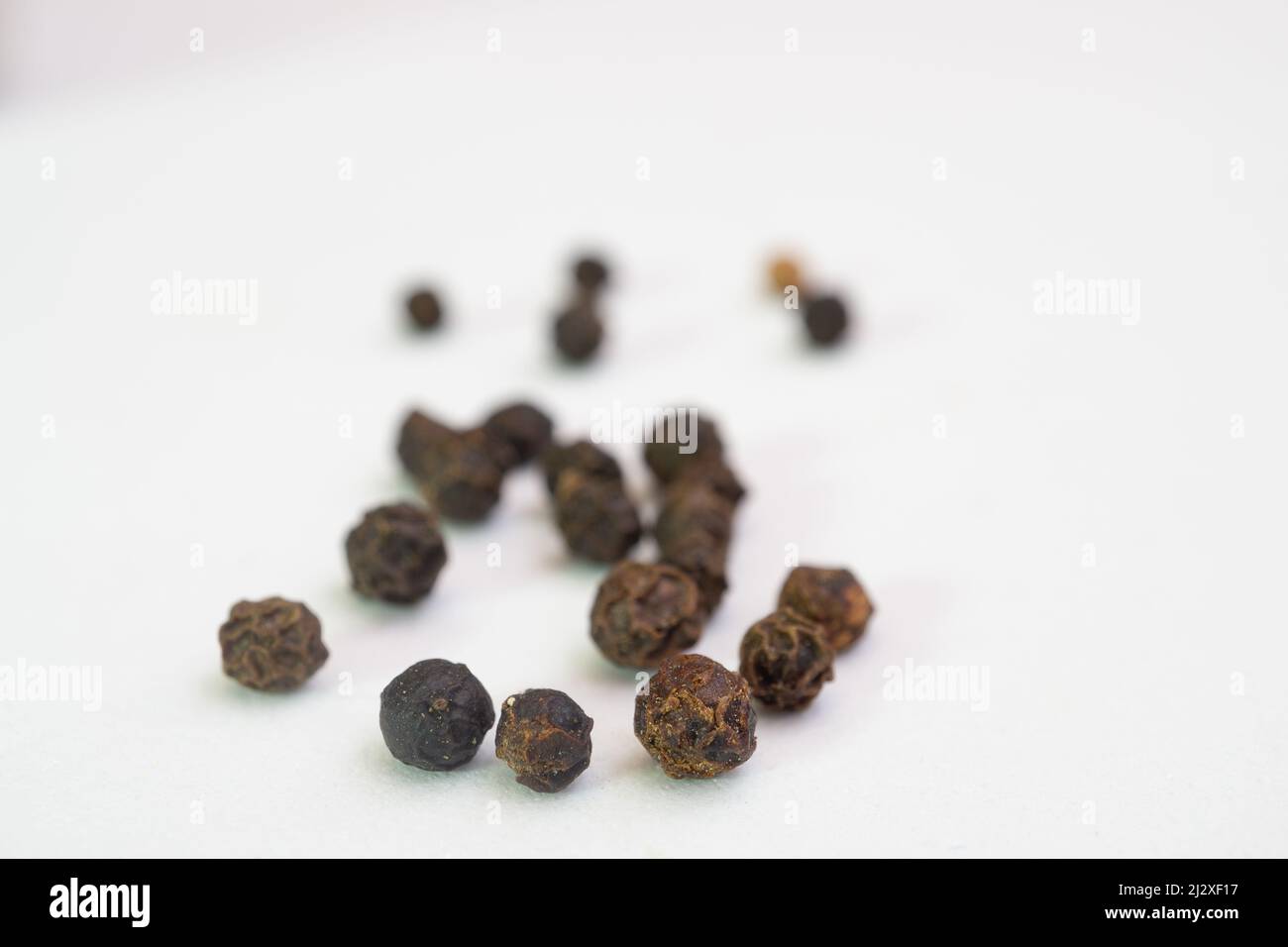 black pepper balls out of focus on white background and copy space ...
