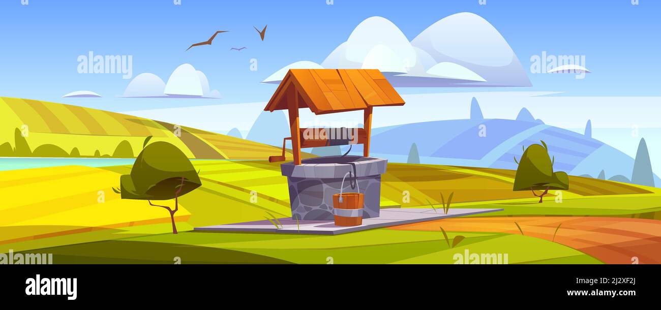 Old stone well with drinking water on green hill. Vector cartoon summer ...