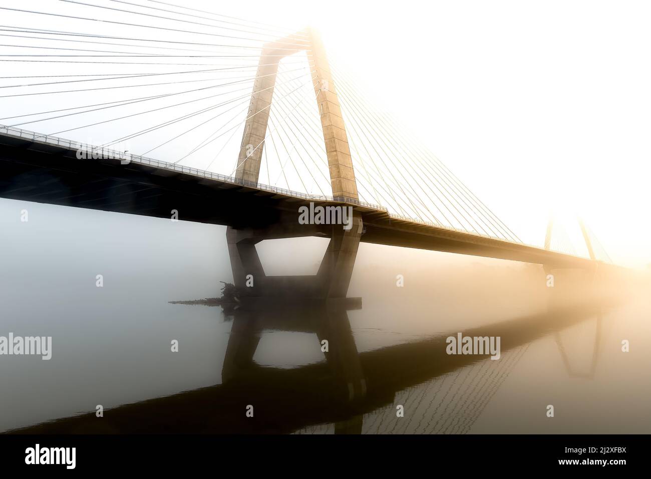 A view of Lewis and Clark bridge over the Ohio river in foggy morning ...