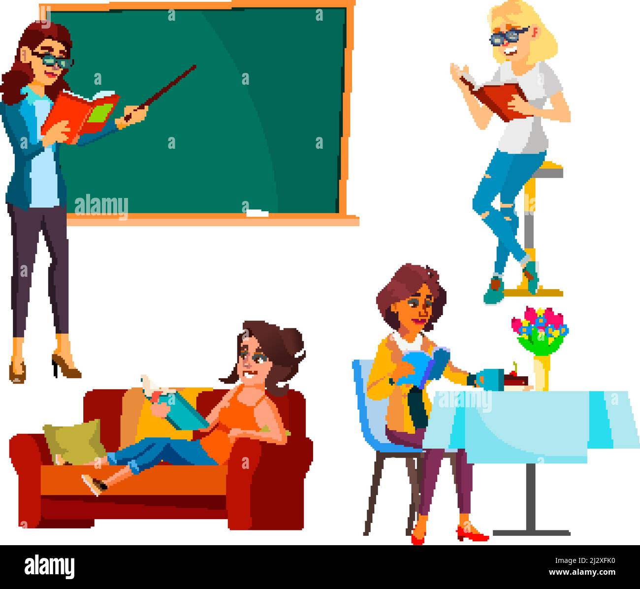 Teens Girls Reading Educational Book Set Vector Stock Vector Image ...