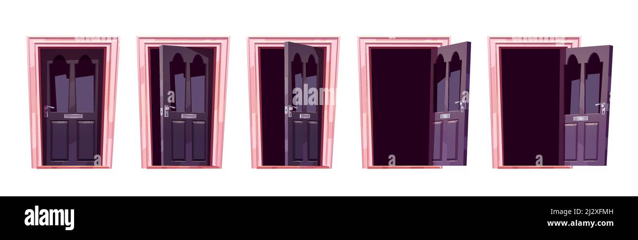 Cartoon door opening motion sequence animation. Close, slightly ajar ...