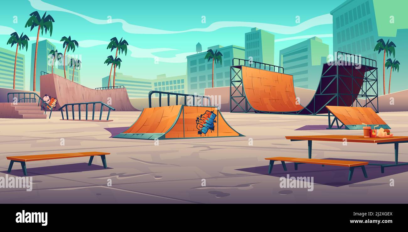Skate park with ramps in tropical city. Vector cartoon cityscape with ...
