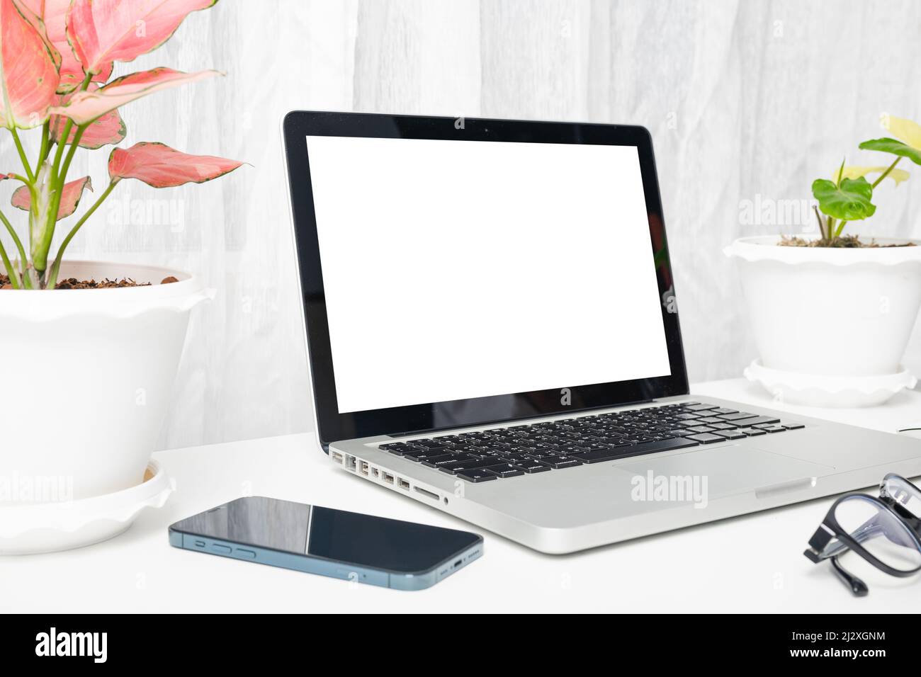 Modern workspace, mock up laptop computer blank white screen ...