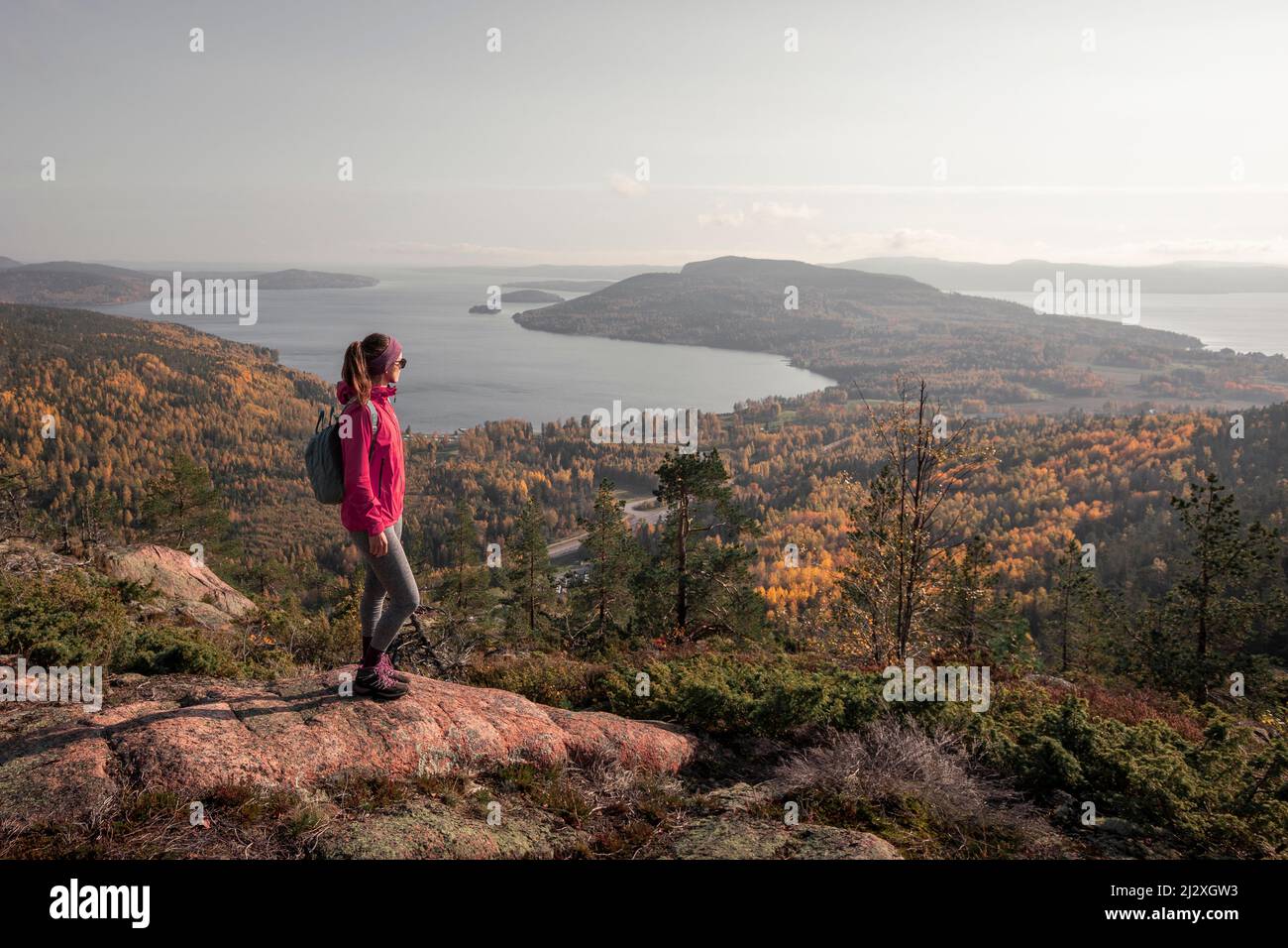 Woman looks out from Skuleberget mountain to the coast of Höga Kusten ...