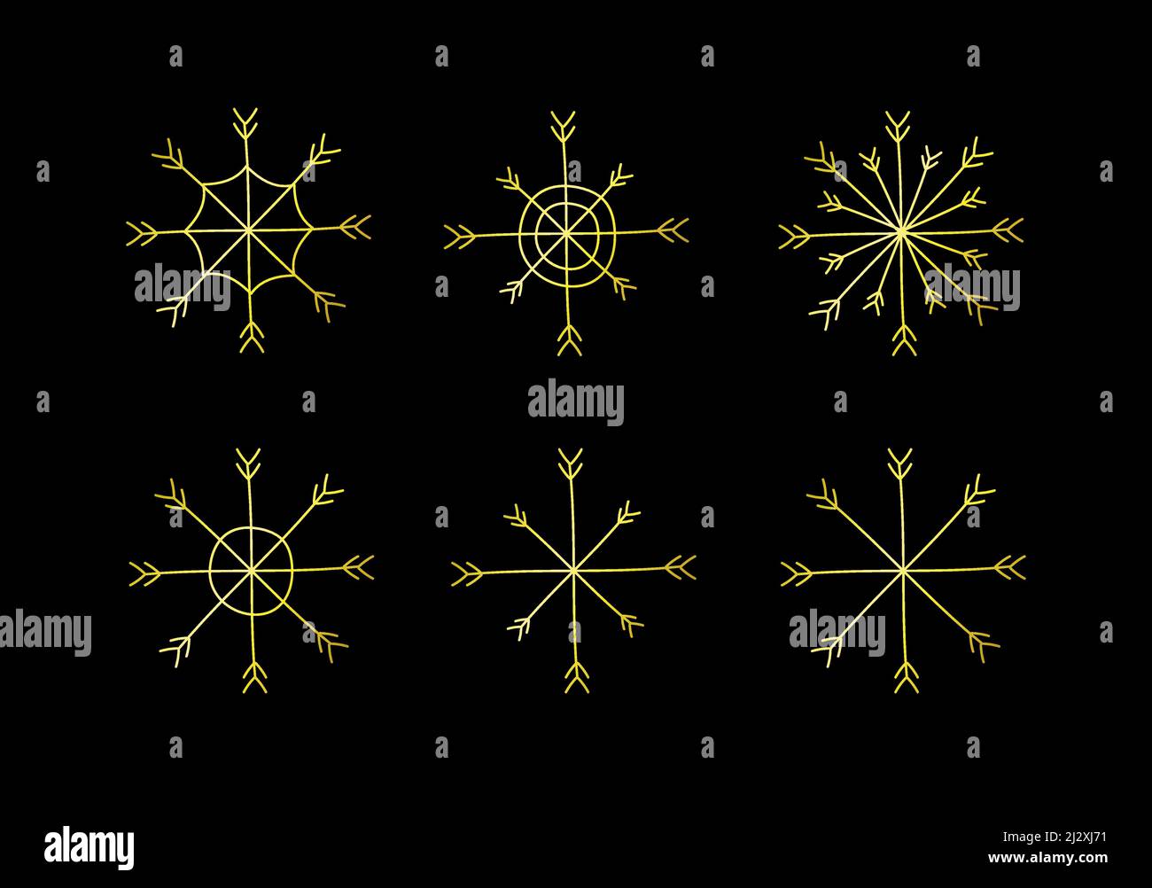 Vector hand drawn doodle set bundle of gold glitter snow flakes ...