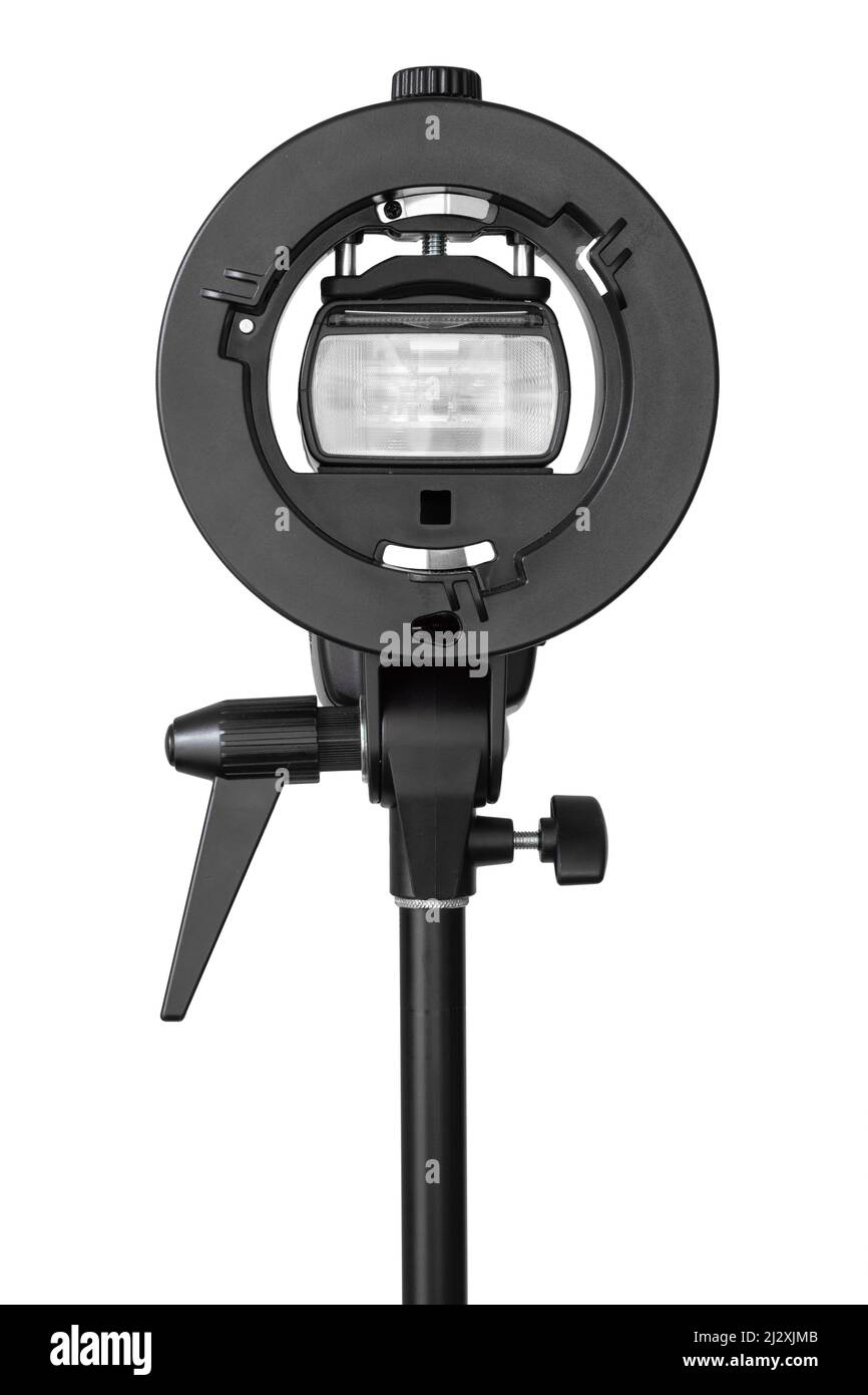 Speedlight flash, bracket and stand isolated on white Stock Photo - Alamy