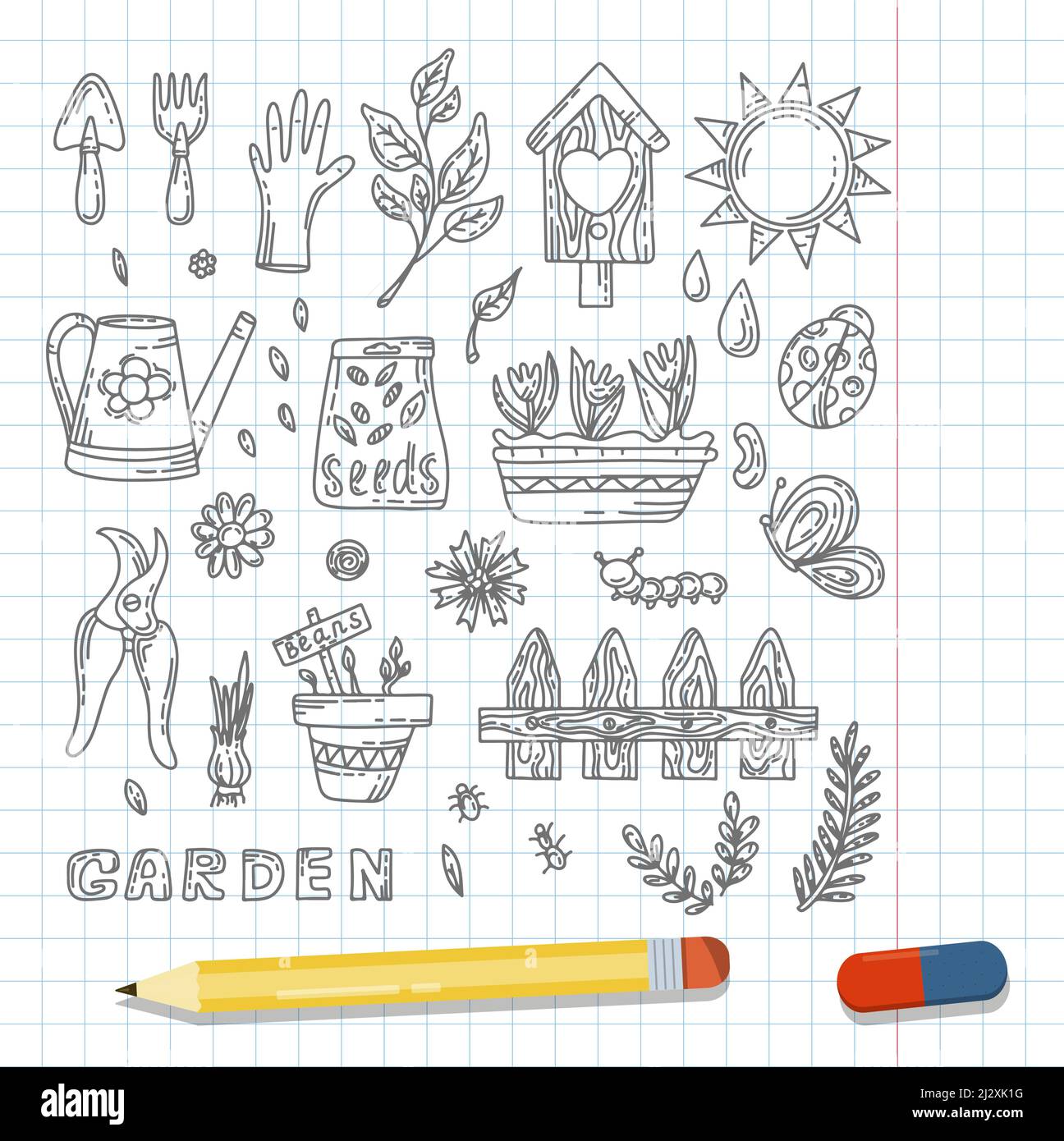 Vector gardening doodle set. Cartoon hand drawn isolated design ...