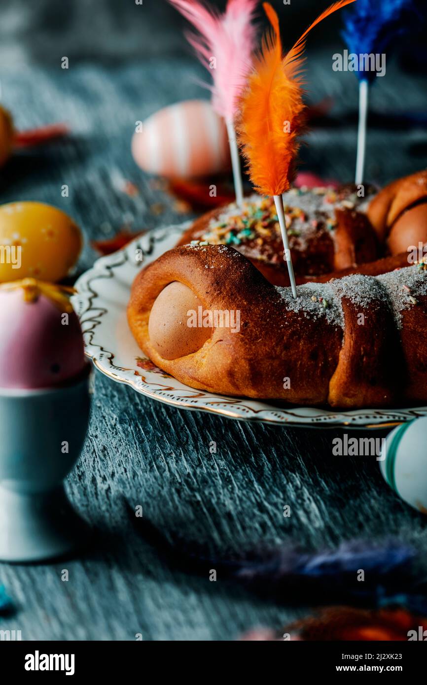 closeup of a traditional Spanish mona de pascua, a cake eaten on Easter ...