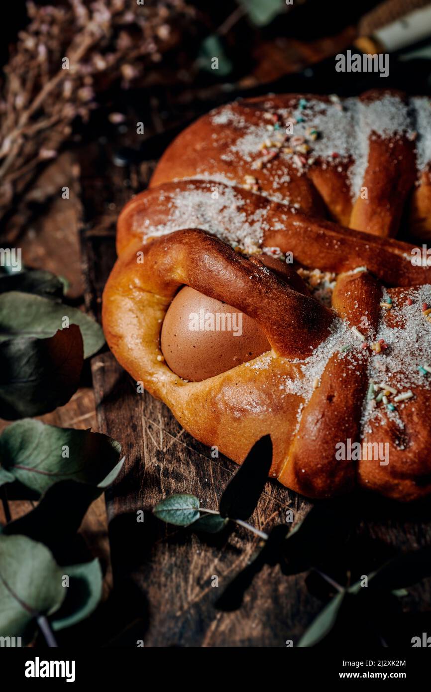 closeup of a traditional Spanish mona de pascua, a cake eaten on Easter ...