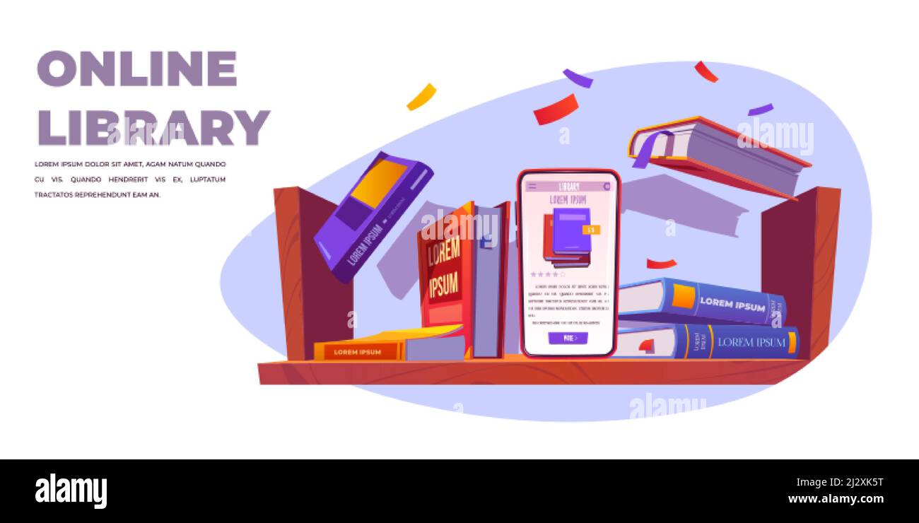 Online library service, smartphone stand on shelf with books, mobile ...