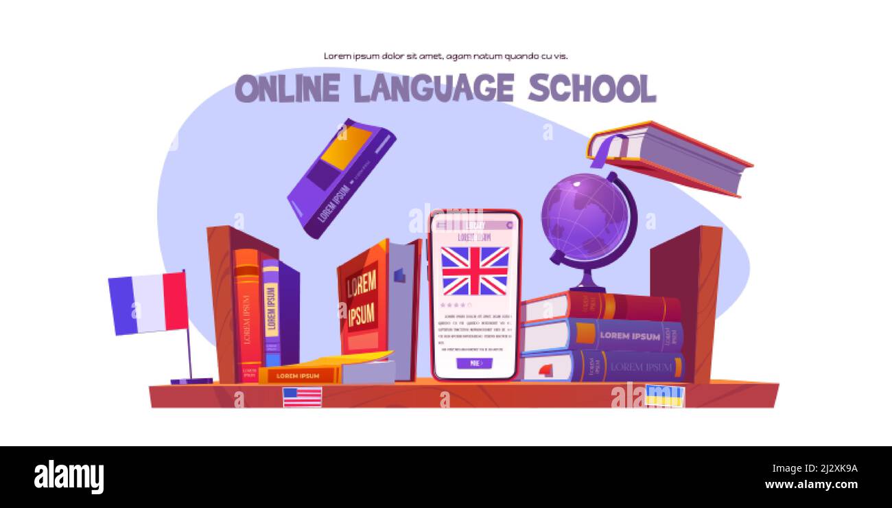 Online language school banner. Concept of digital training foreign ...