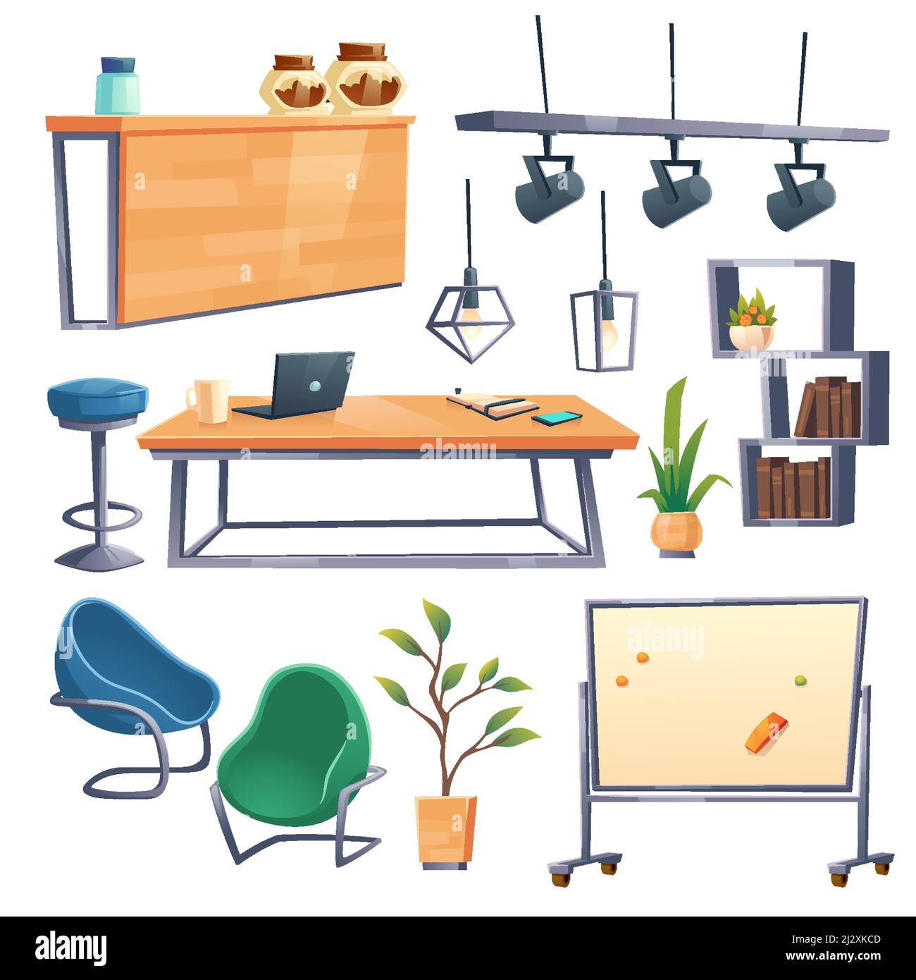 Coworking office interior set with laptop, desk, chairs and bar counter ...