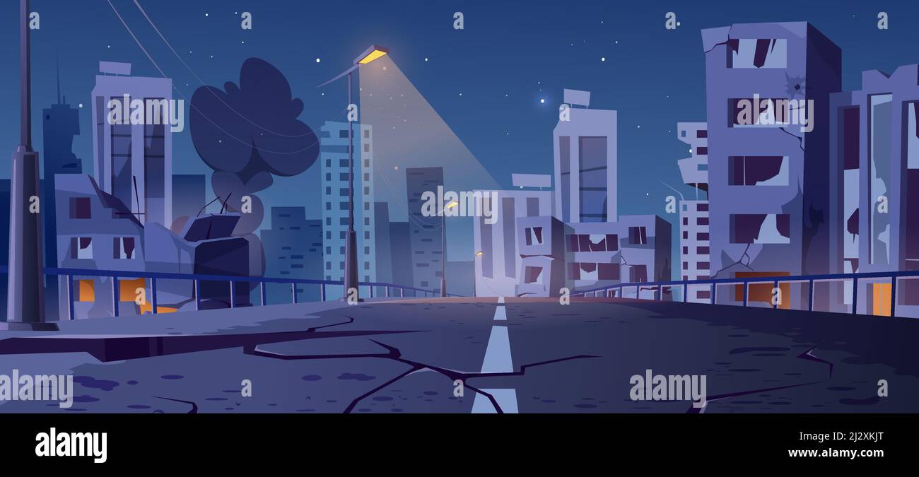 Night city destroy in war zone, abandoned buildings and bridge with ...