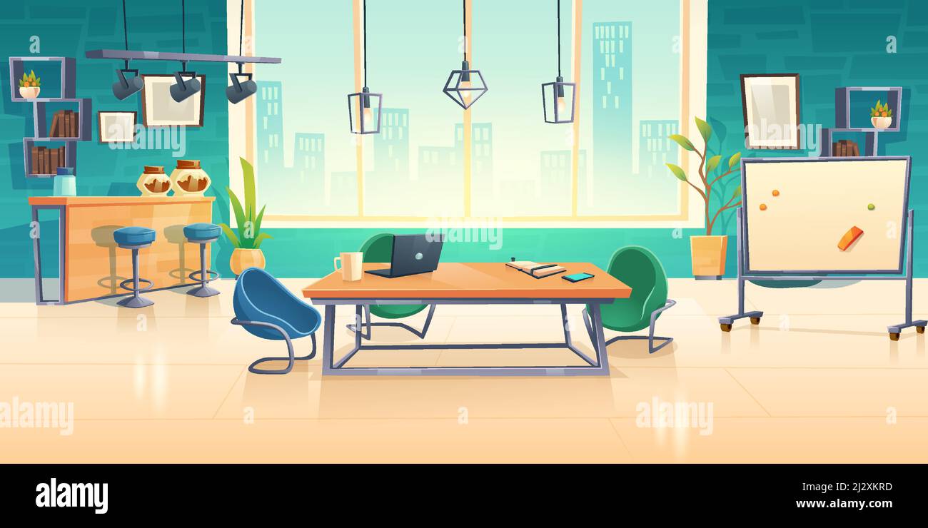 Coworking space interior, empty office business center with computer on ...