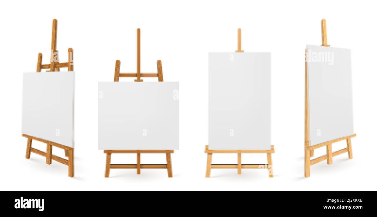 Wooden easels or painting art boards with white canvas front and side ...