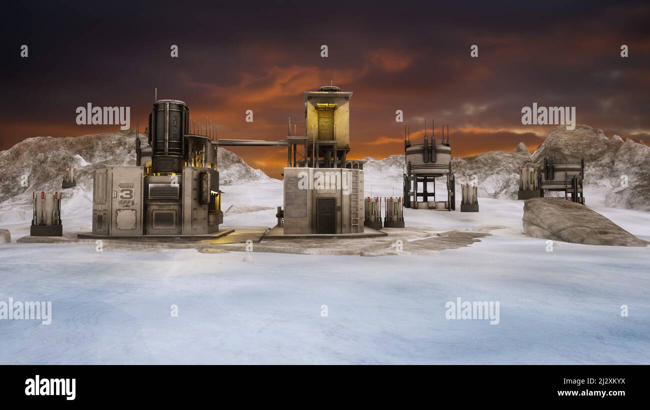 Remote mining outpost in a frozen landscape. Sci-fi concept 3d ...