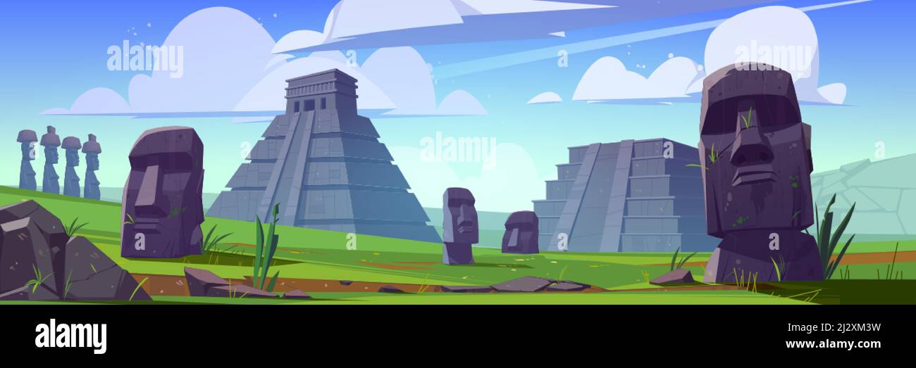 Ancient mayan pyramids and moai statues on Easter island. Vector ...