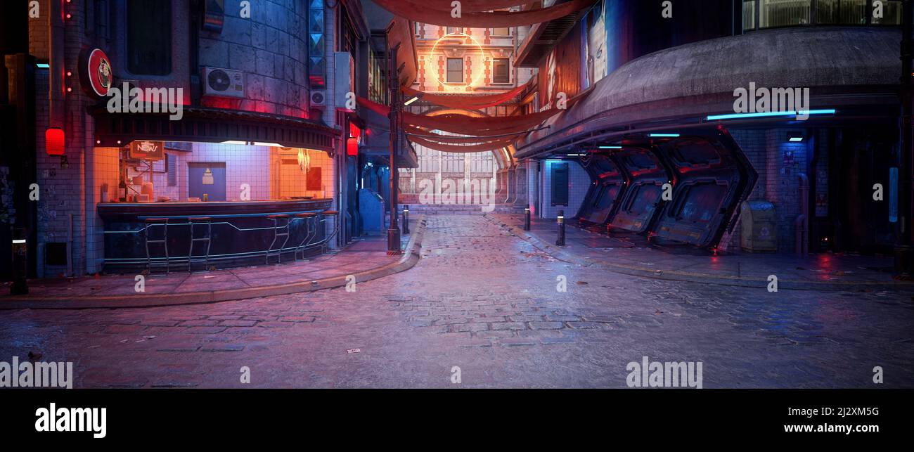 Cinematic panorama 3D illustration of a dark moody cyberpunk city ...