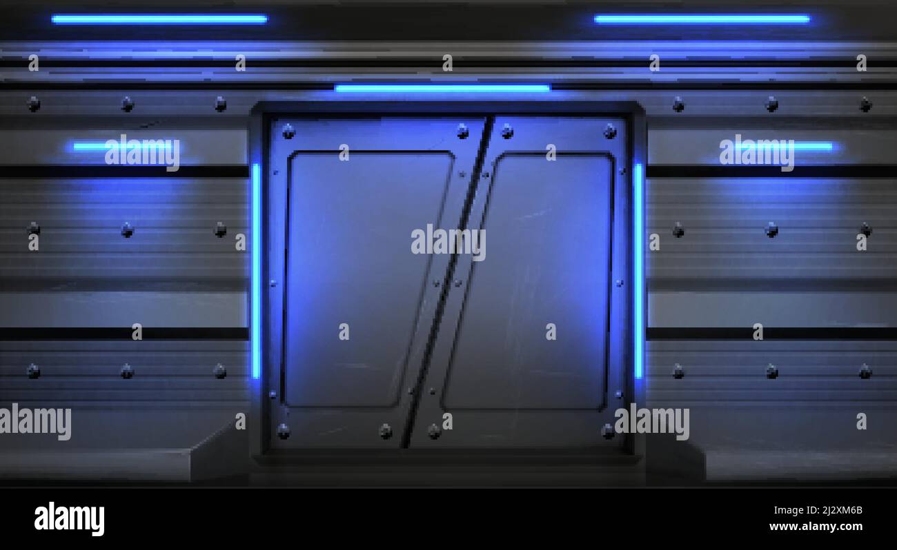 Old metal sliding doors with glowing neon lamps in spaceship, submarine ...