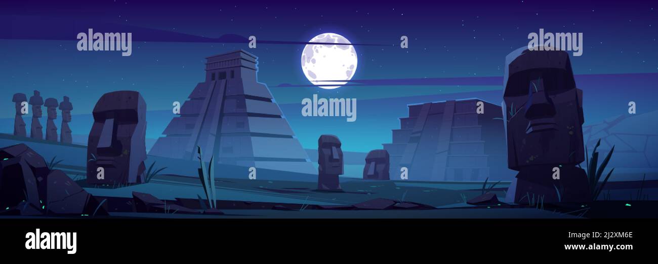 Moai statues and pyramids at night, republic of Chile travel famous ...
