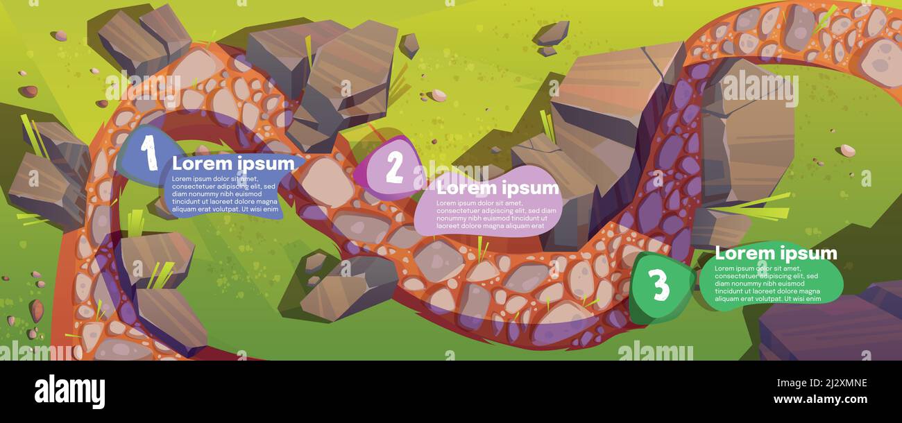 Infographics with road top view and steps time line, curve way, rocky ...
