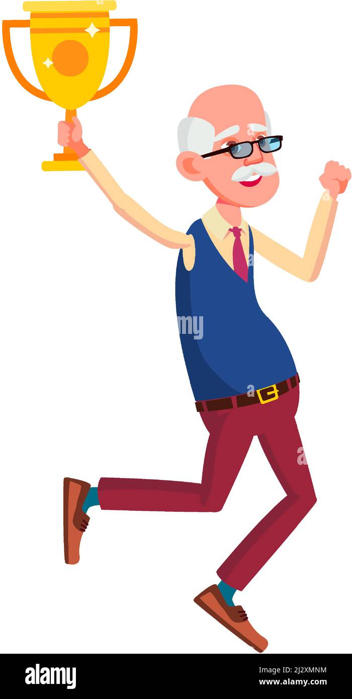 Old Man Pensioner Holding Trophy Cup Reward Vector Stock Vector Image ...