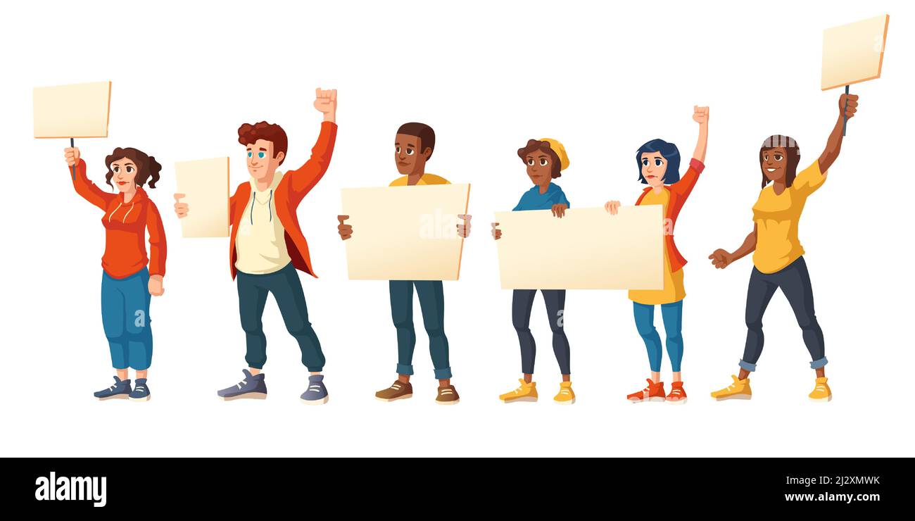 People strike, angry men and women with placards protest on rally ...