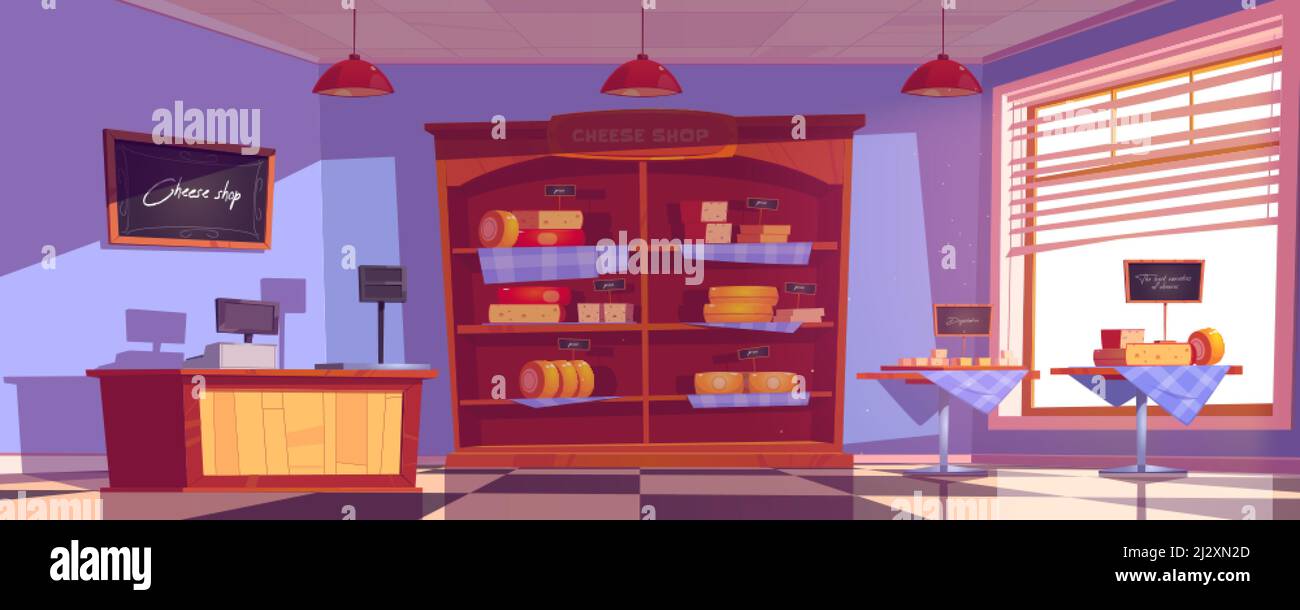 Cheese shop interior with cheddar and gouda slices on tables and ...