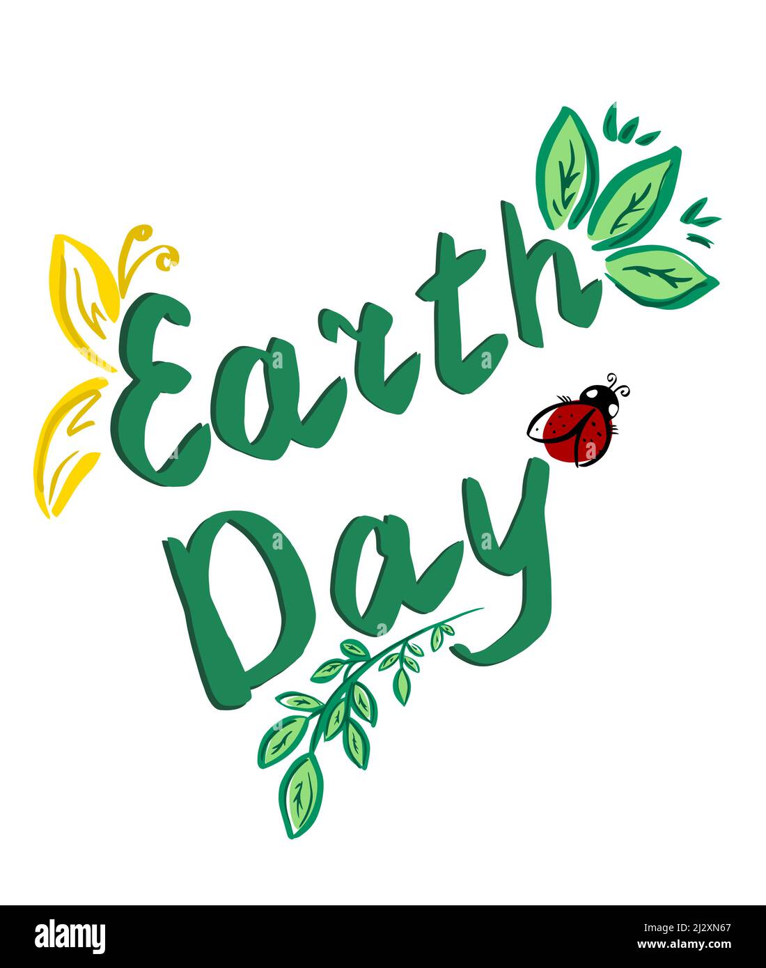 Vector lettering Earth Day with leaves, ladybug and butterfly. The ...
