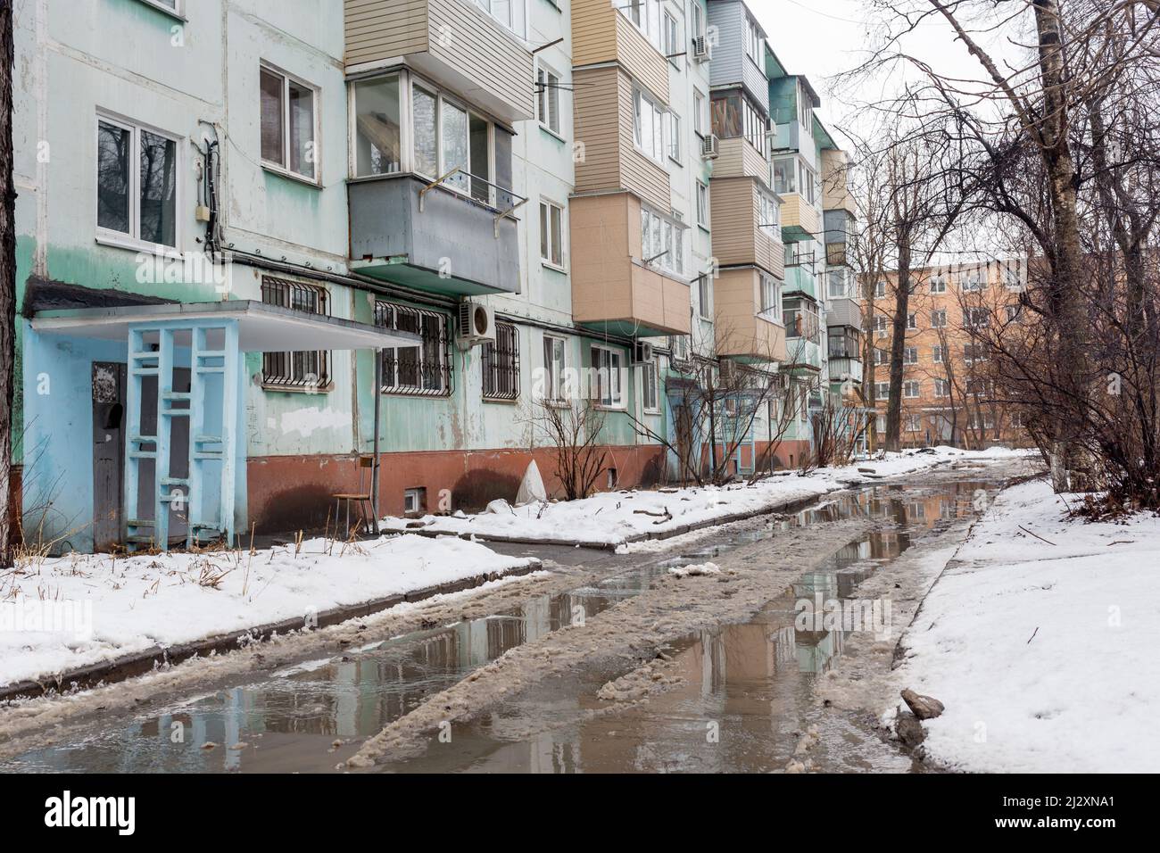 View of Khrushchyovka, common type of old low-cost apartment building ...