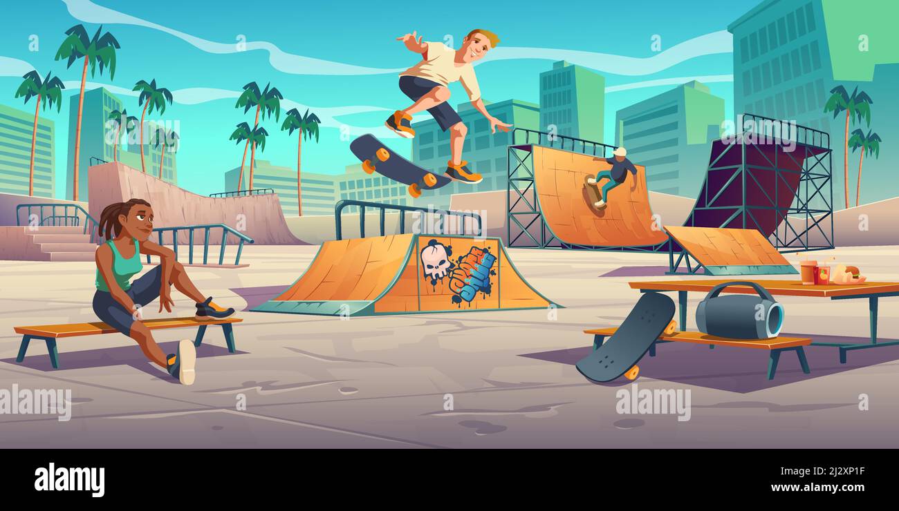 Teenagers in skate park, rollerdrome perform skateboard jumping stunts ...