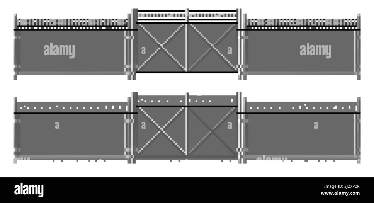 Barb wire fence, grid with gate. Three segments silver colored fencing ...