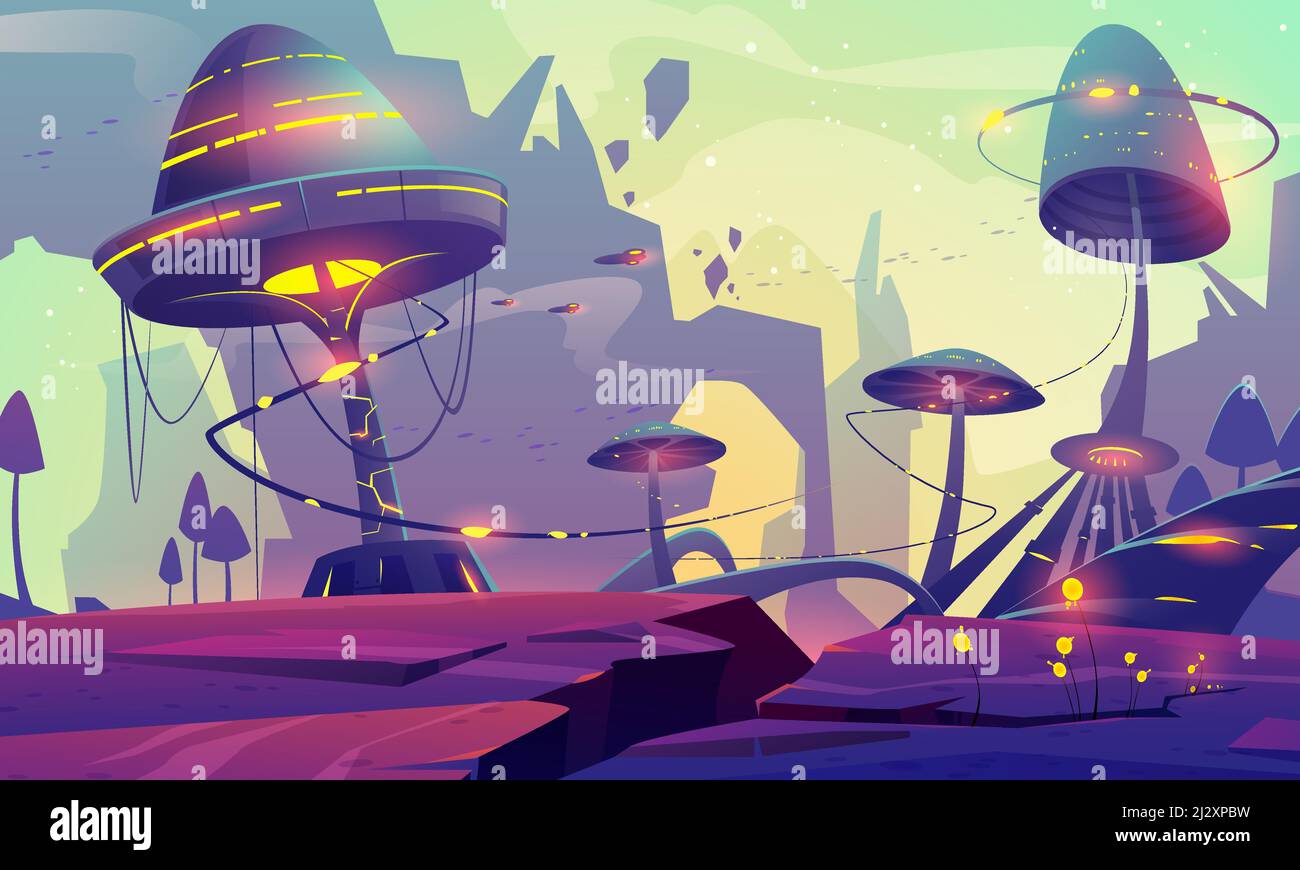 Alien planet landscape with fantasy mushrooms trees or buildings and ...