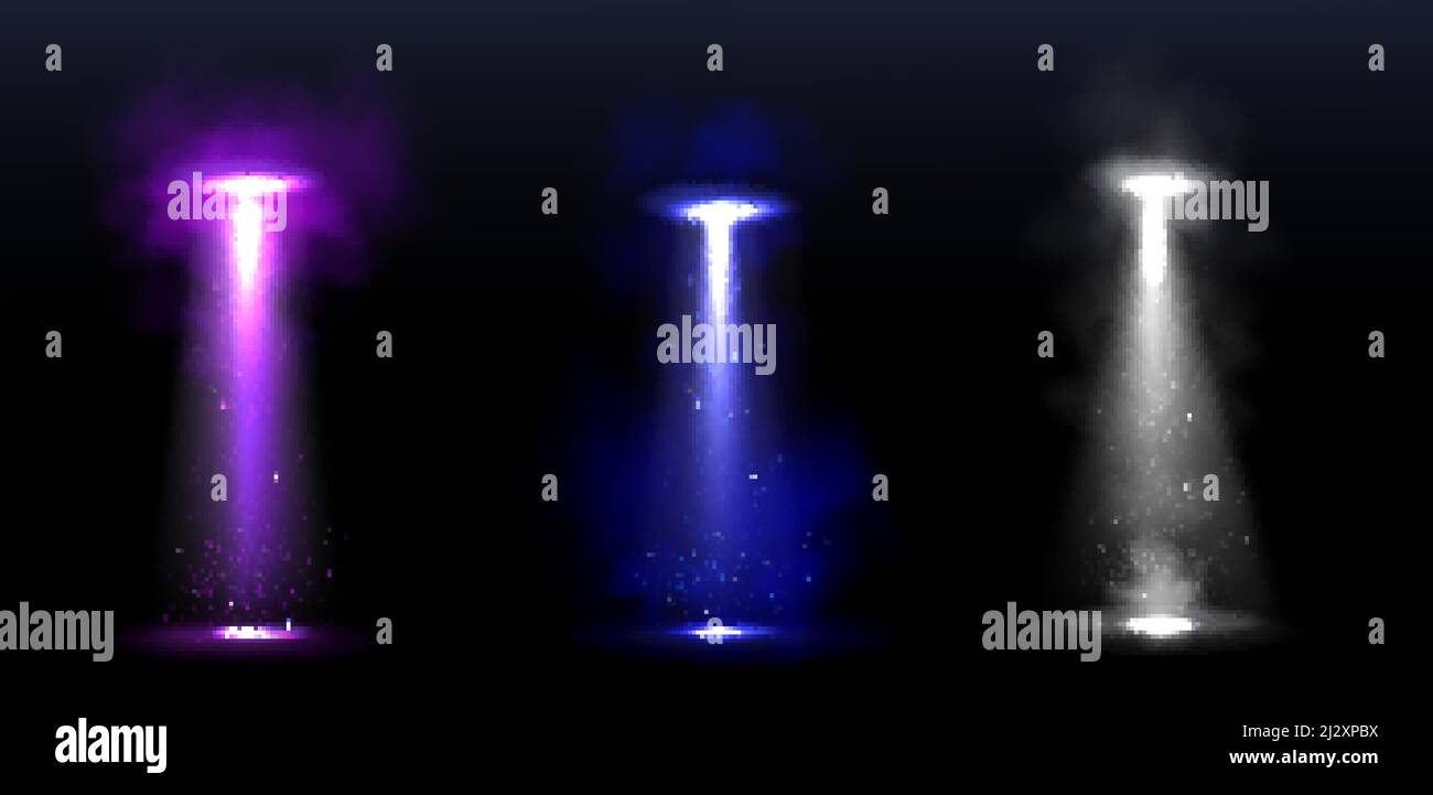 Ufo light beams, glowing rays from alien spaceships. Vector realistic ...