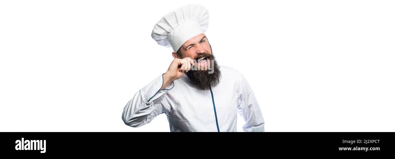 Funny chef with beard cook. Beard man and moustache wearing bib apron ...
