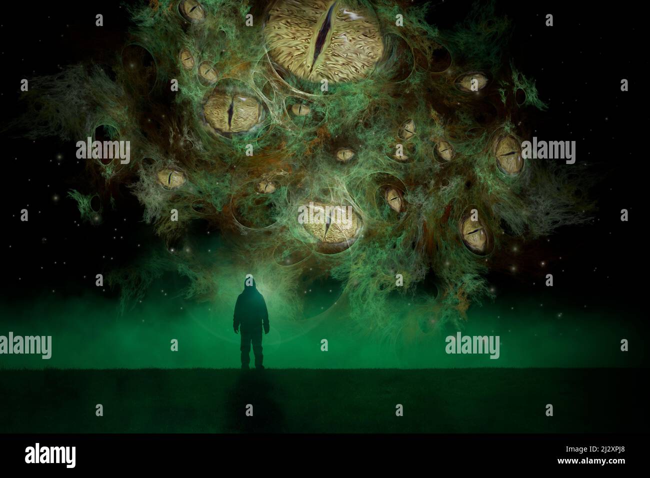 A cosmic horror concept. Of a alien monster with many eyes floating ...