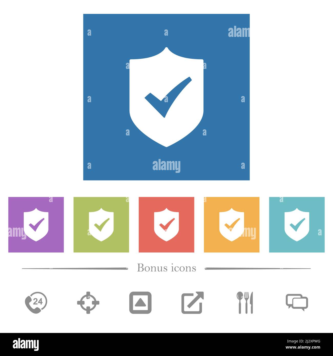 Active shield solid flat white icons in square backgrounds. 6 bonus ...