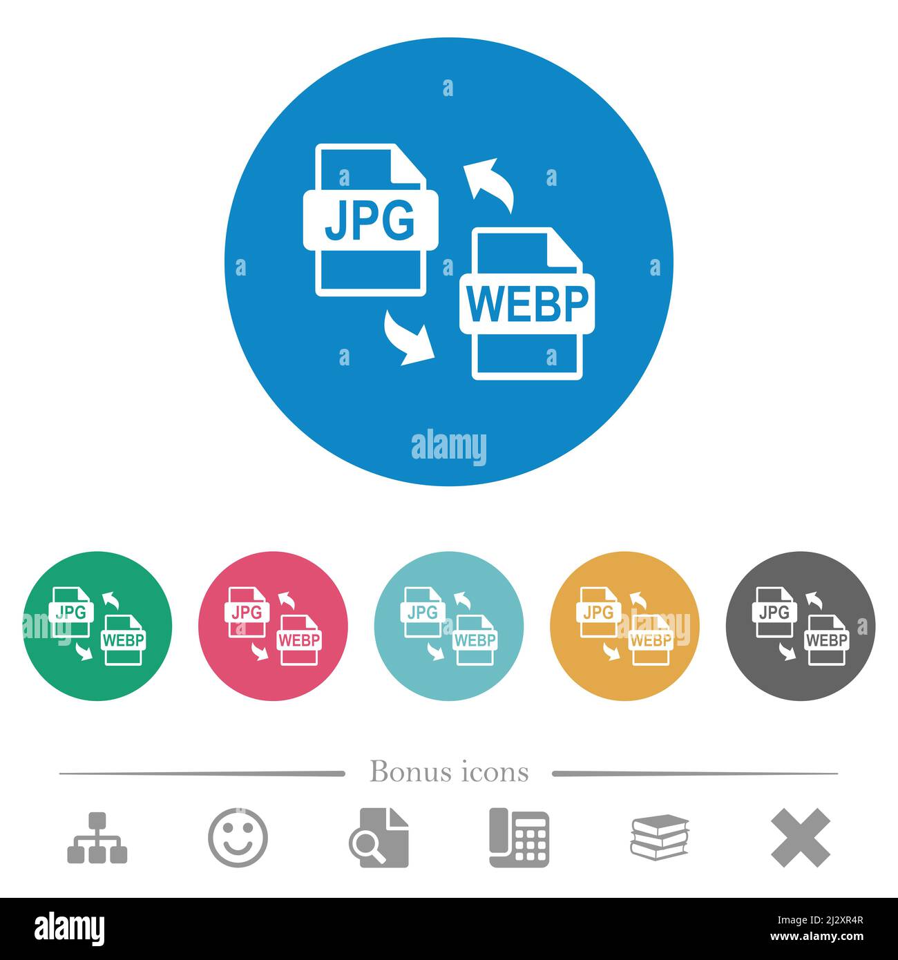 JPG WEBP file conversion flat white icons on round color backgrounds. 6 ...