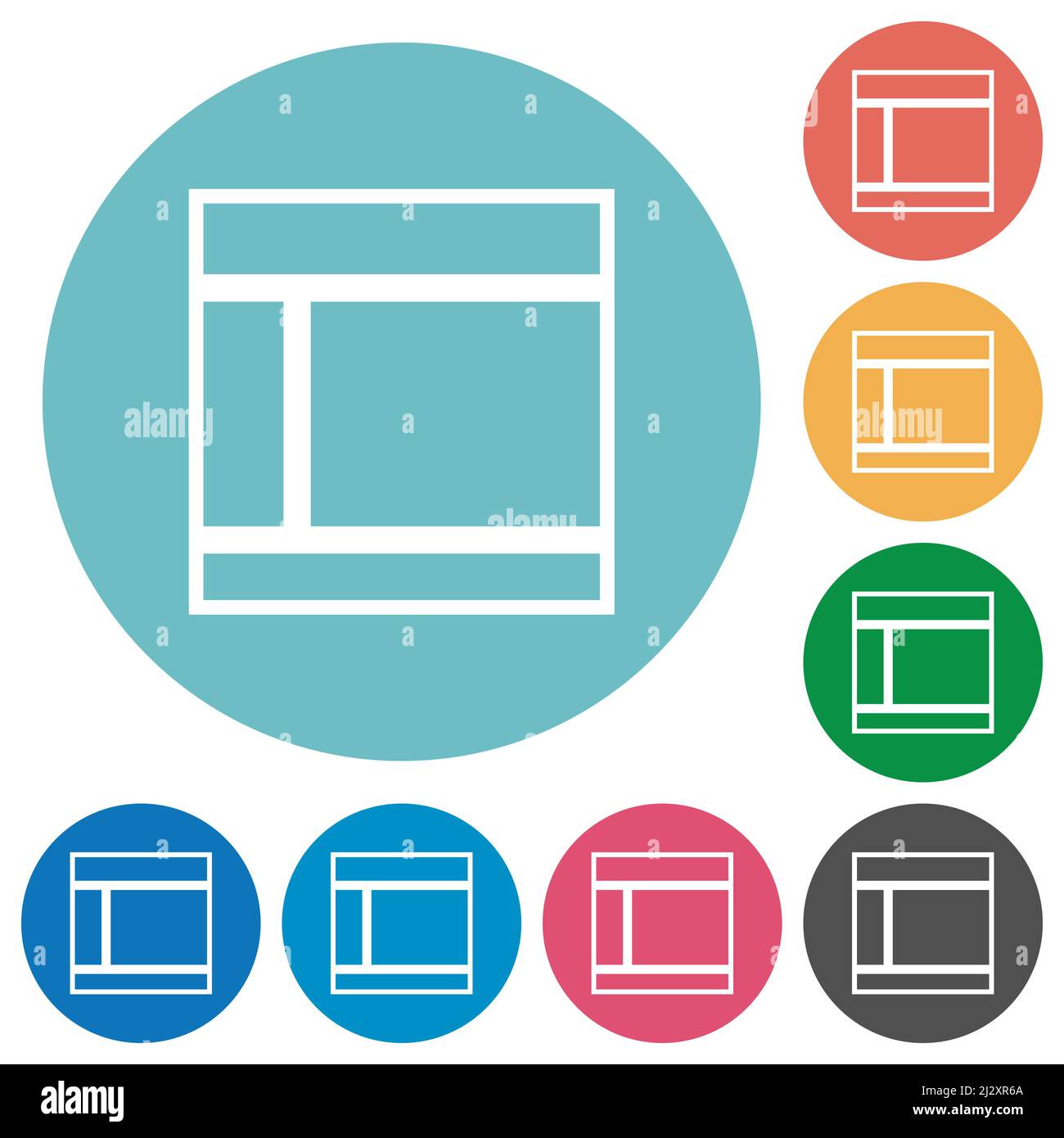 Two columned web layout outline flat white icons on round color ...