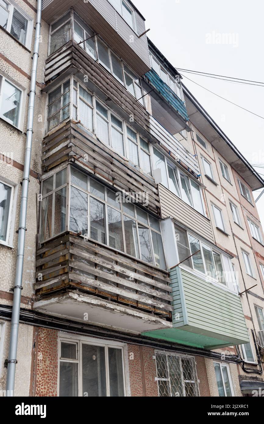 View of Khrushchyovka, common type of old low-cost apartment building ...