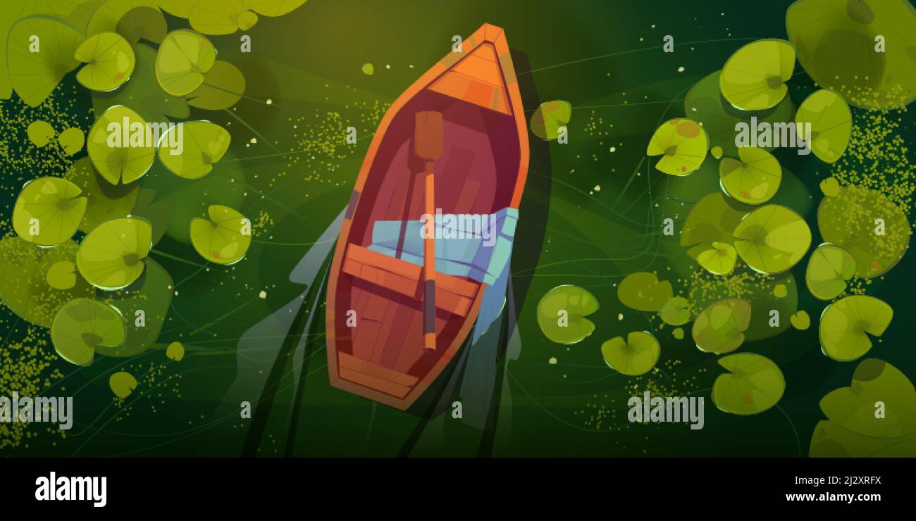 Swamp with boat and water lily leaves top view. Vector cartoon ...