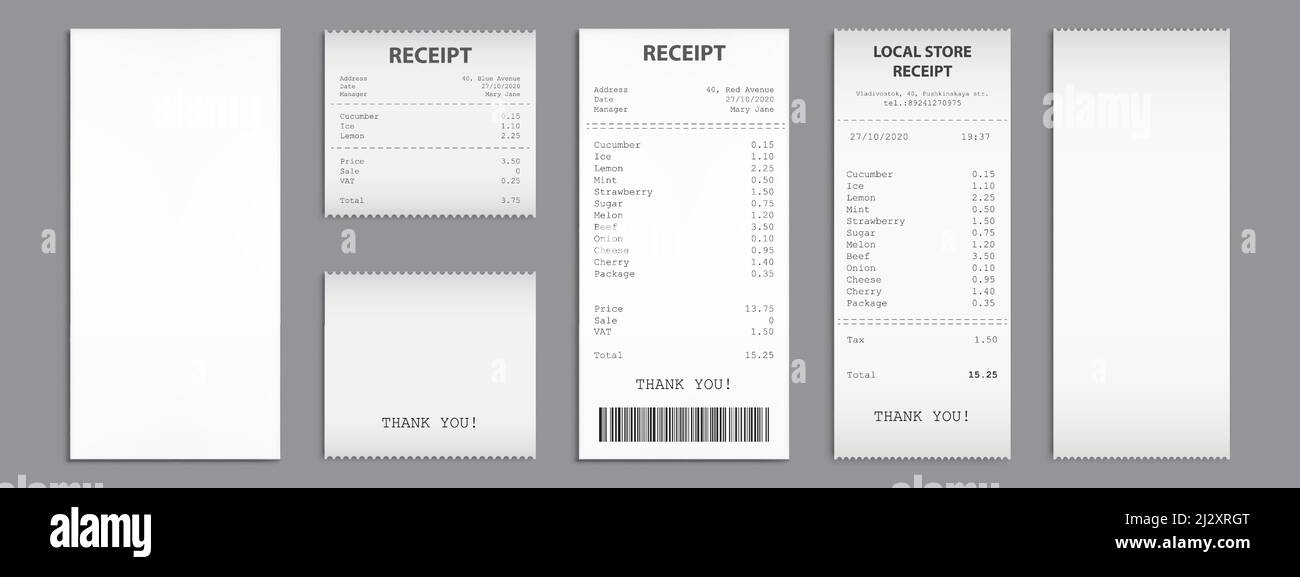 Shop receipts, paper cash checks with barcode. Vector realistic set of ...