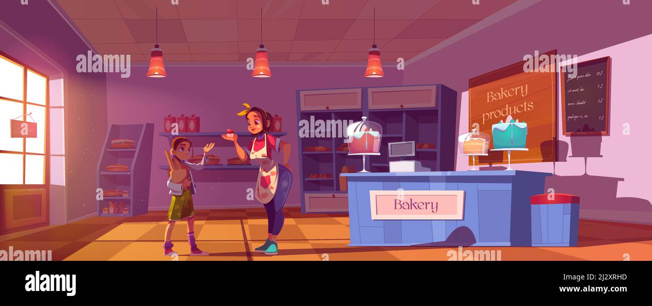 Confectionery shop cartoon vector illustration. Girl buying products in ...