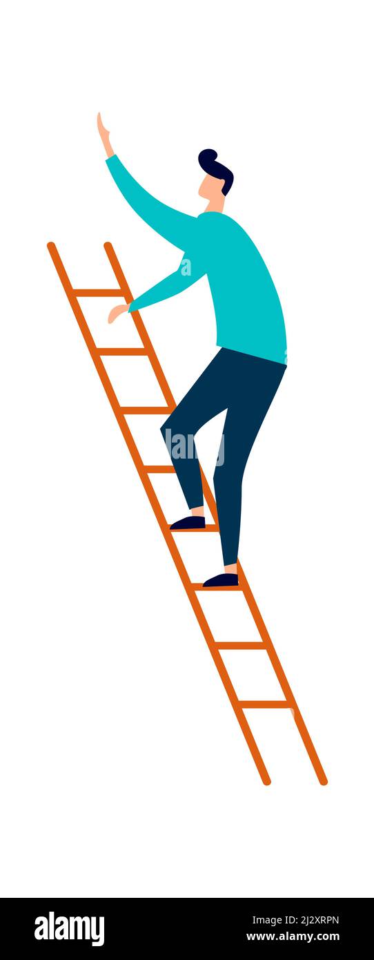 Man climbing wooden ladder, career or education concept, cartoon vector ...